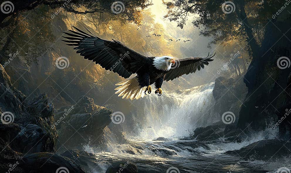 A Large Eagle is Flying Over a Waterfall Stock Image - Image of beak ...