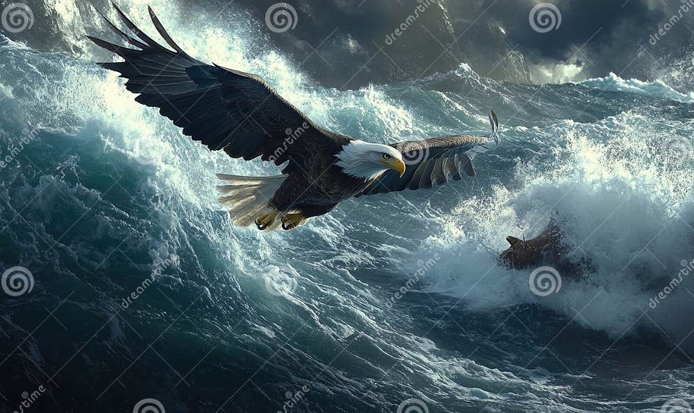 A Large Eagle is Flying Over a Large Wave Stock Image - Image of tail, nature: 351798583