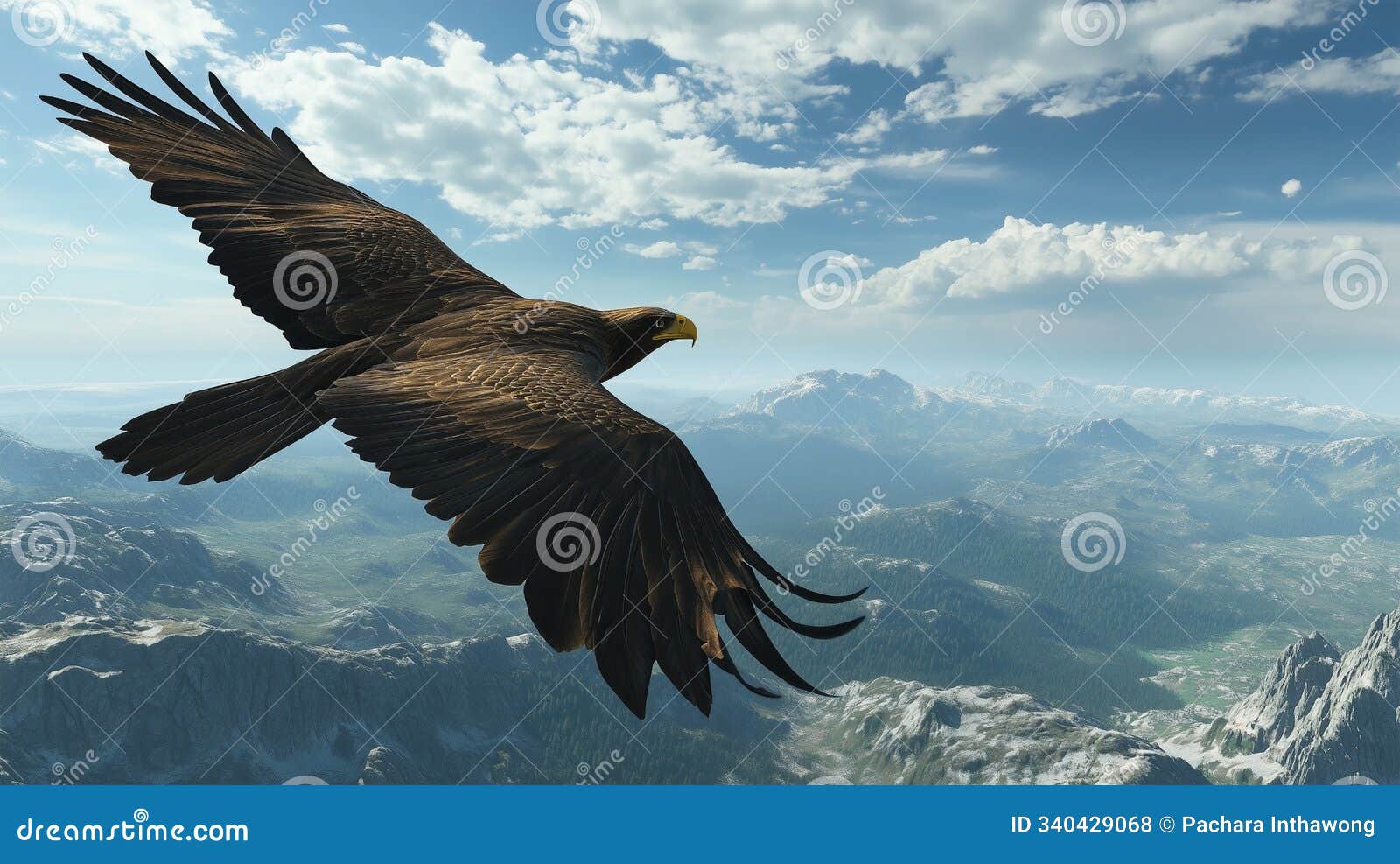 A Large Eagle is Flying in the Sky Above a Mountain Range Stock ...