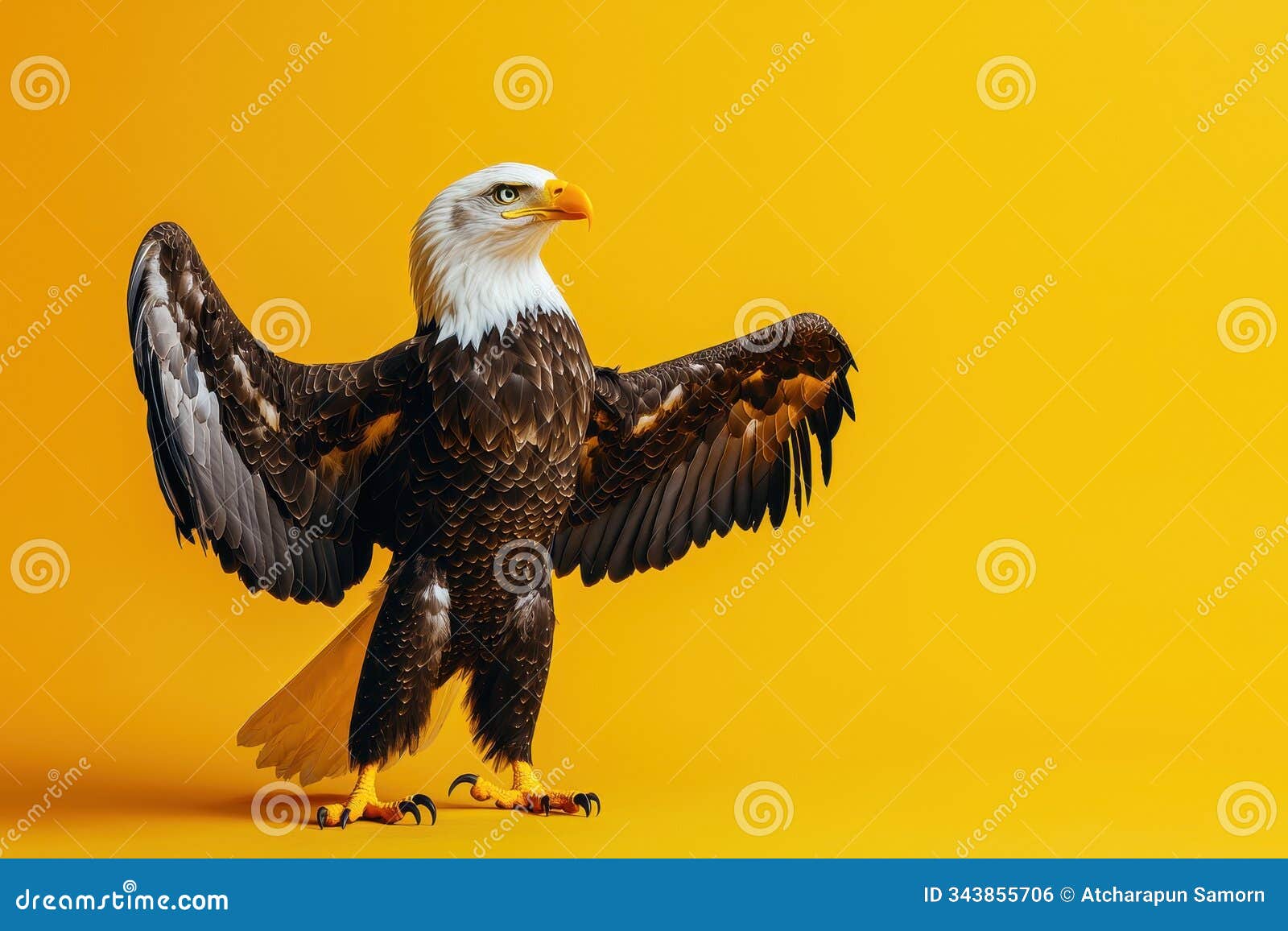 A Large Eagle Stands on a Yellow Background with Its Wings Spread Out ...