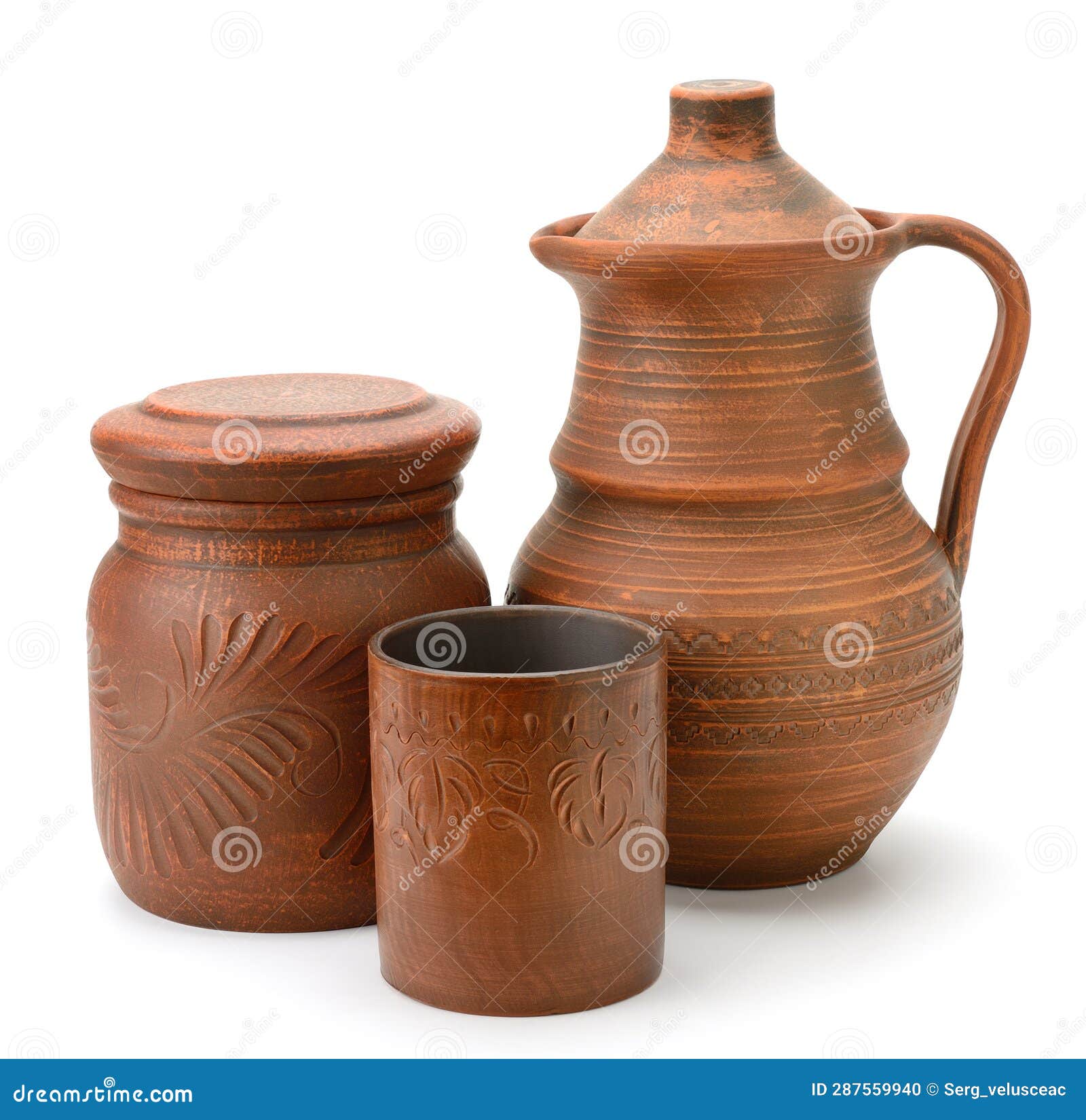 Large Earthenware Jug, Pot and Cups Isolated on White Stock Photo ...