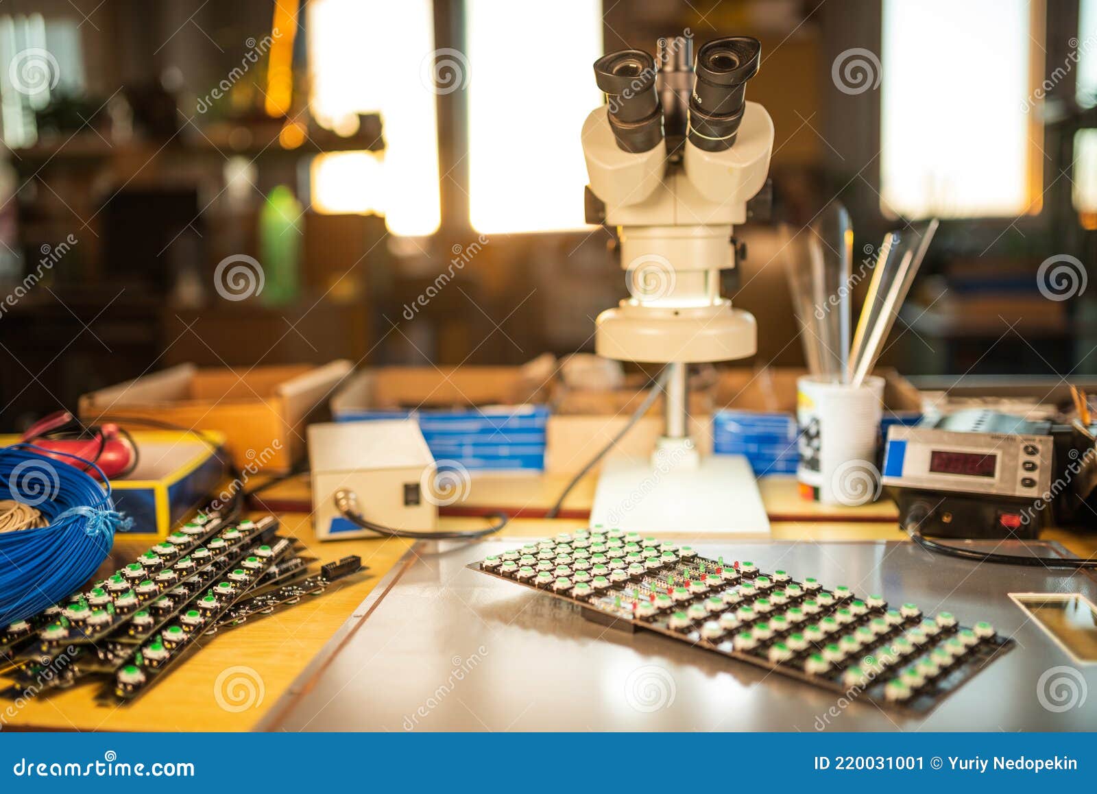Modern Microscope, Panel of LED Light Indicators is in the Production ...