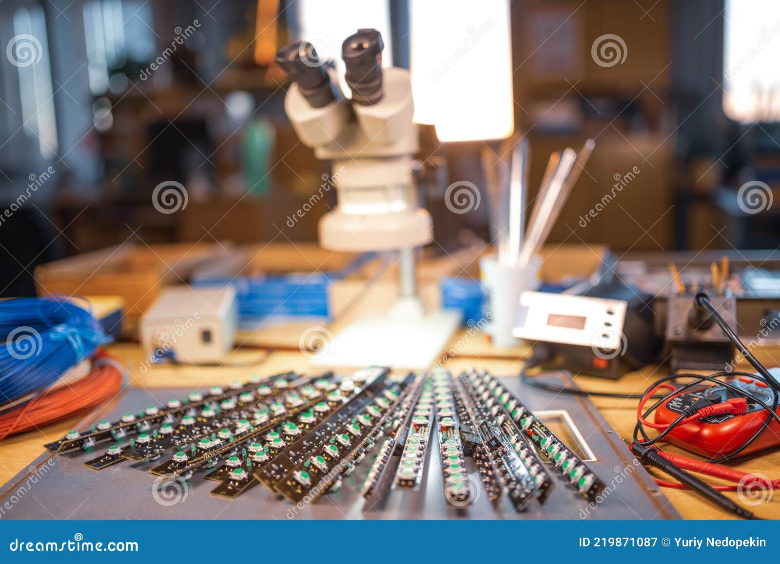Modern Microscope, Panel of LED Light Indicators is in the Production ...