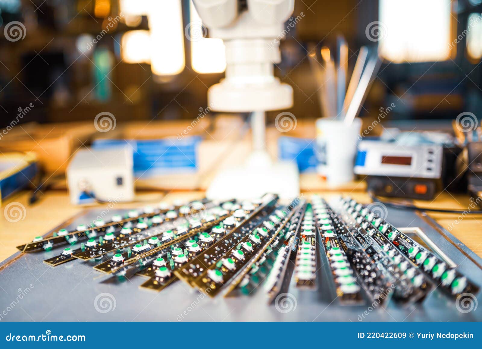 Modern Microscope, Panel of LED Light Indicators is in the Production ...