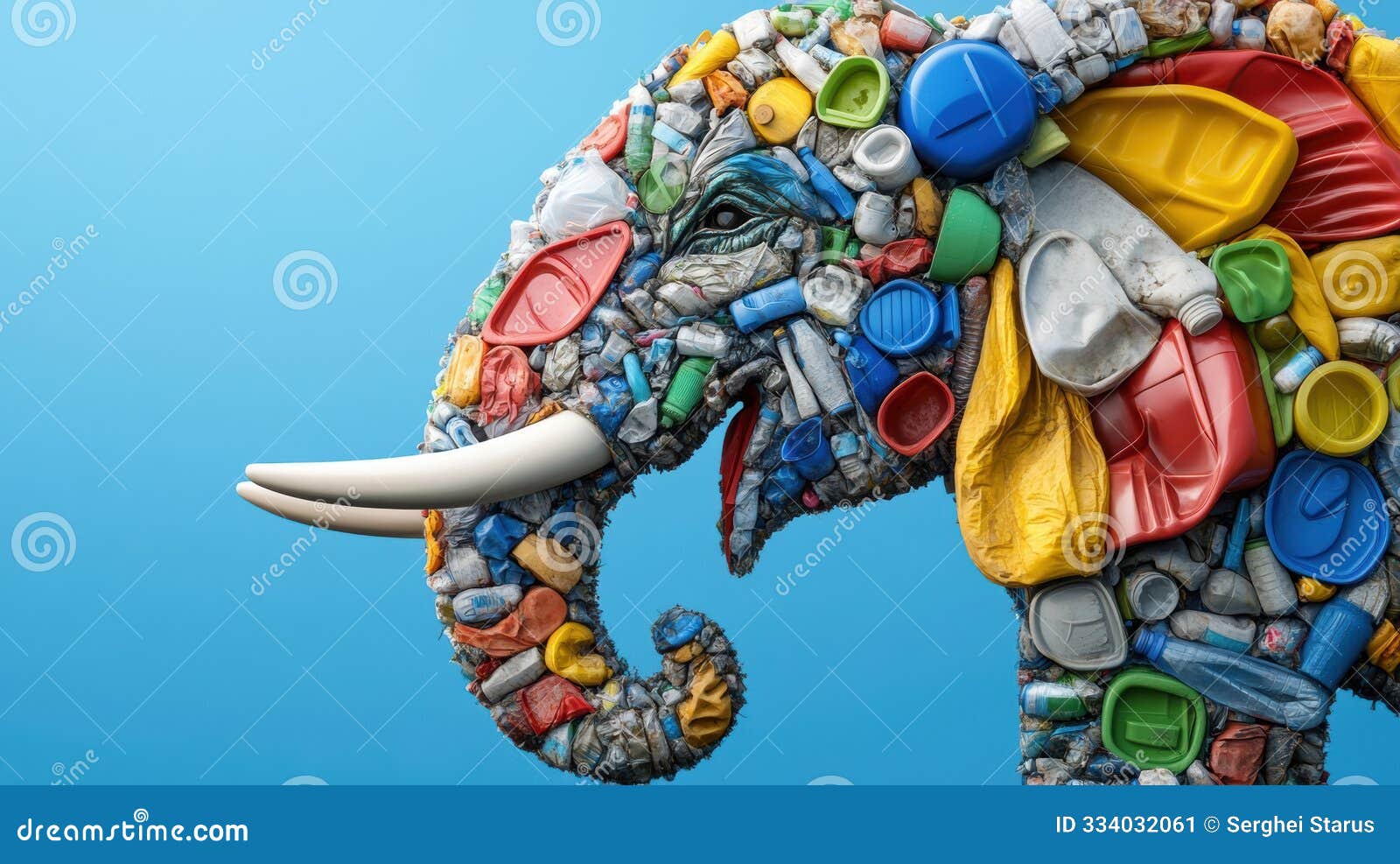A Large Elephant Made of Many Different Types of Plastic Containers, AI ...