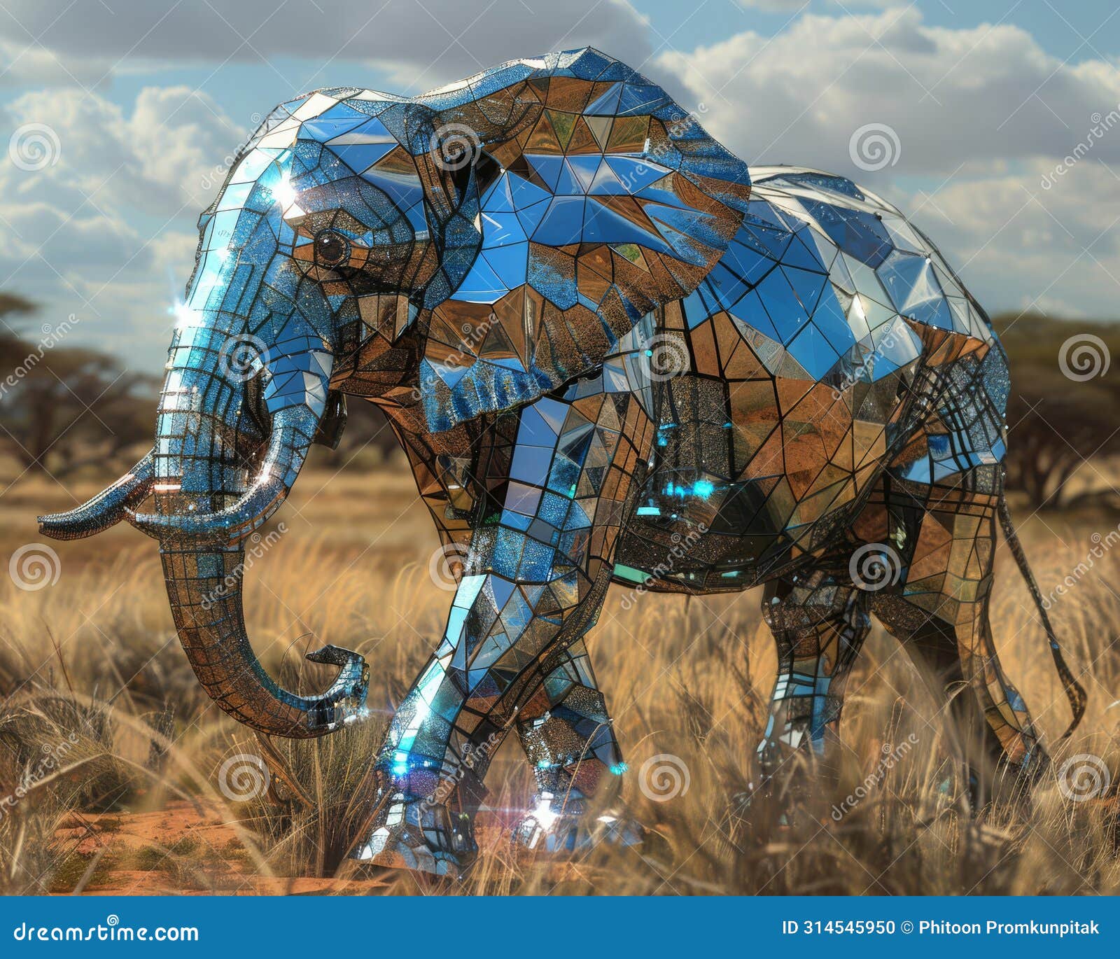 A Large Elephant Made of Mirrors is Walking through a Field Stock ...