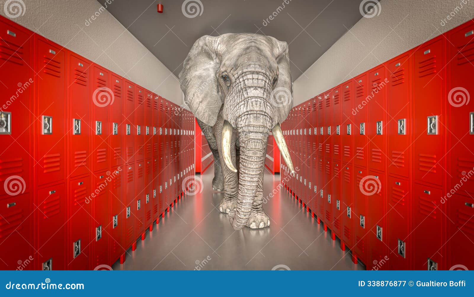 Large Elephant Walking Down School Hallway with Red Lockers Stock ...