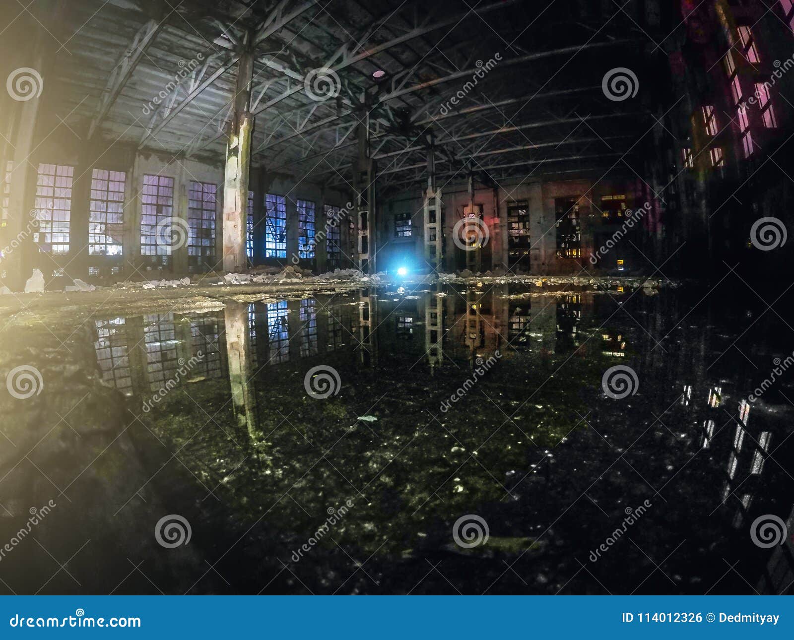 Large Empty Abandoned Warehouse Building or Factory Workshop at Night ...