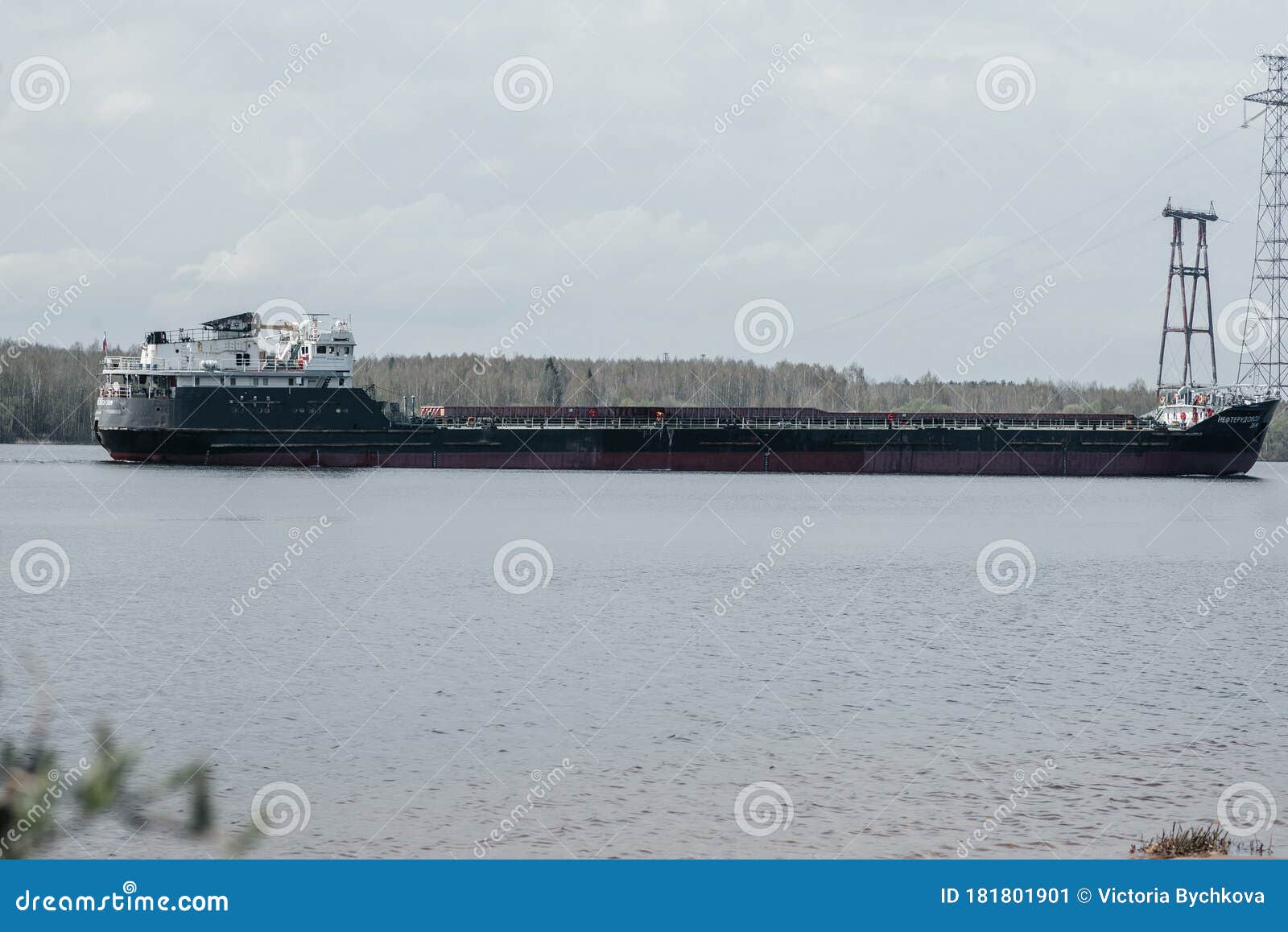 .a Large Empty Barge Floats on the River. Side View Stock Image - Image ...