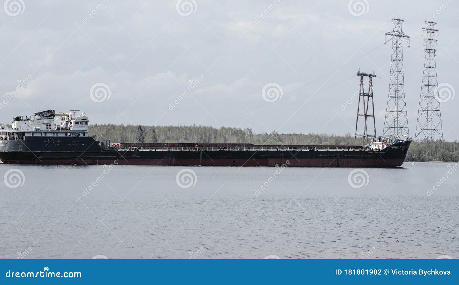 .a Large Empty Barge Floats on the River. Side View Stock Photo - Image ...