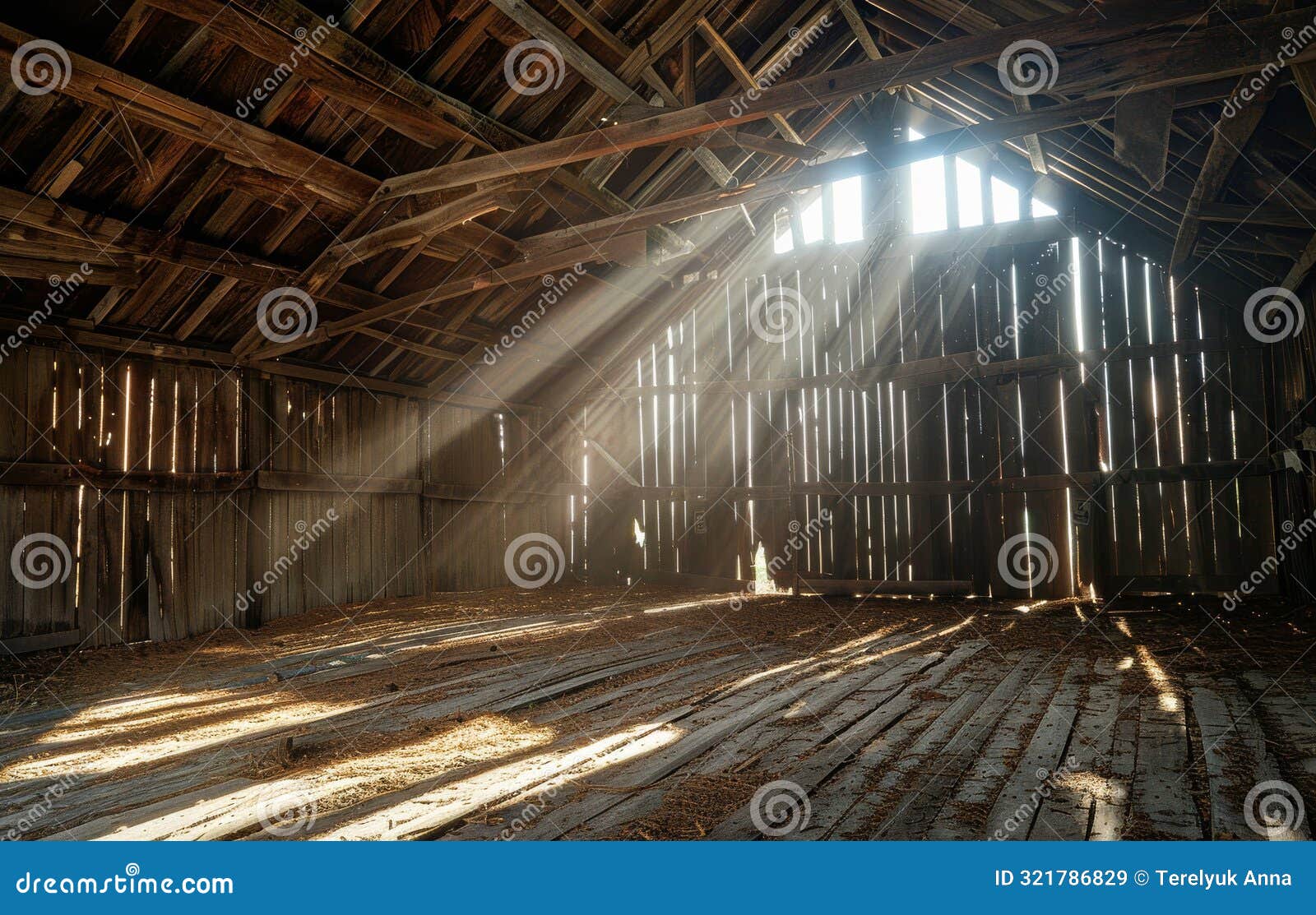 A Large, Empty Barn with Sunlight Streaming in through the Rafters ...