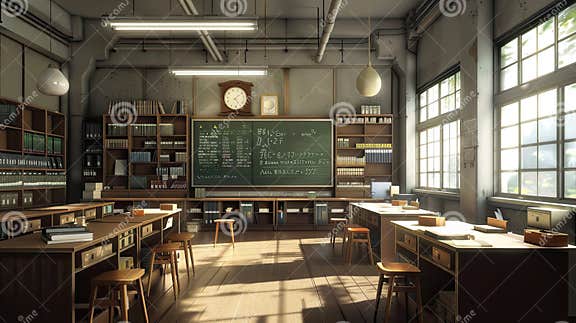 A Large, Empty Classroom with Rows of Desks and a Large Chalkboard ...
