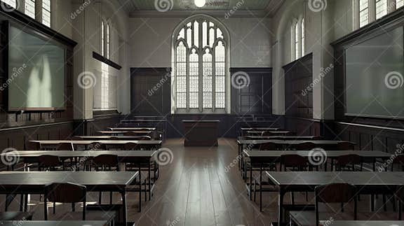 A Large, Empty Classroom with Rows of Desks and a Large Chalkboard ...