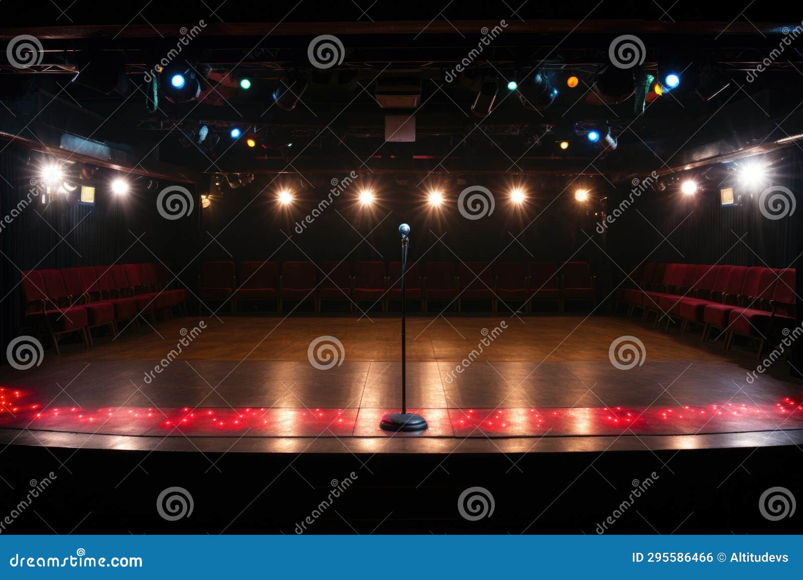 Large, Empty Comedy Club Auditorium with Spotlighted Stage Stock Photo ...
