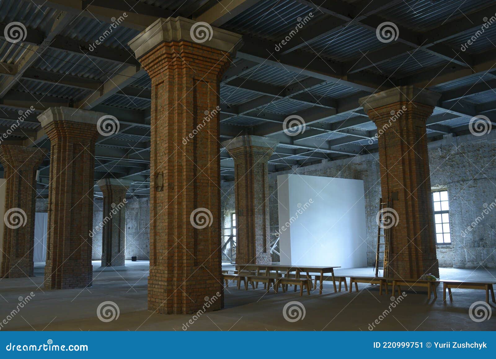 Large Empty Hall Under Construction. Brick Pillar Columns, Ladder ...