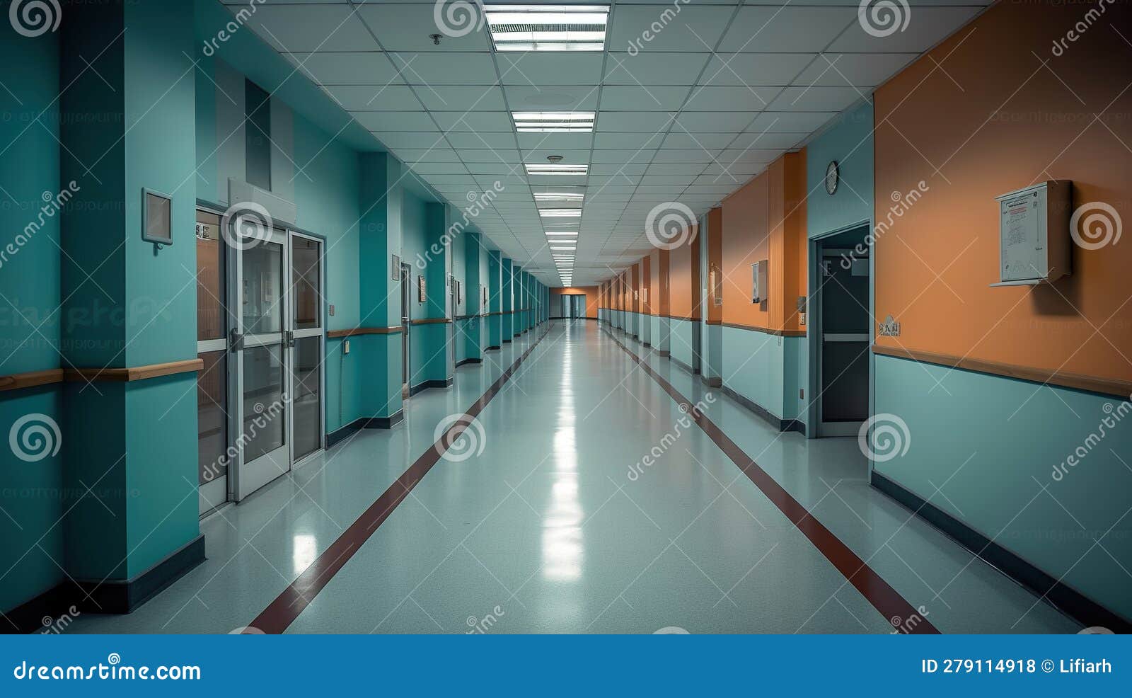 A Large Empty Hospital Hall with Blue and Orange Colors. Generative AI ...