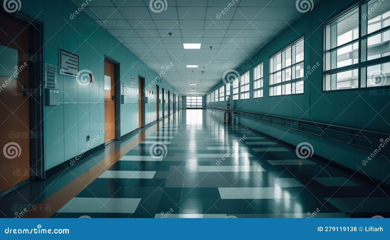A Large Empty Hospital Hall with Blue and Orange Colors. Generative AI ...
