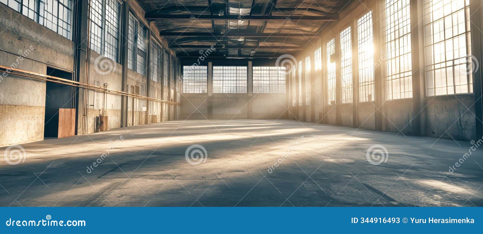 Large, Empty Modern Warehouse with High Ceilings and Panoramic Windows ...