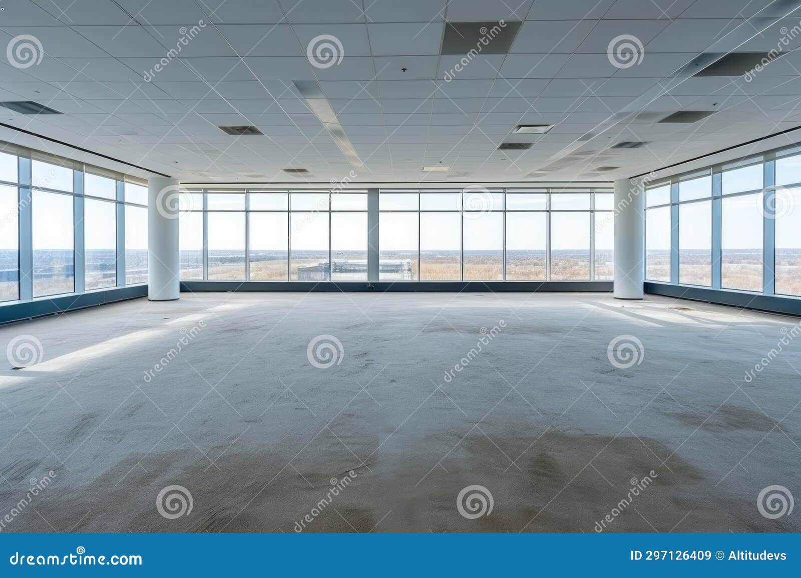 Large Empty Office Space with Expansive Windows Stock Image - Image of ...
