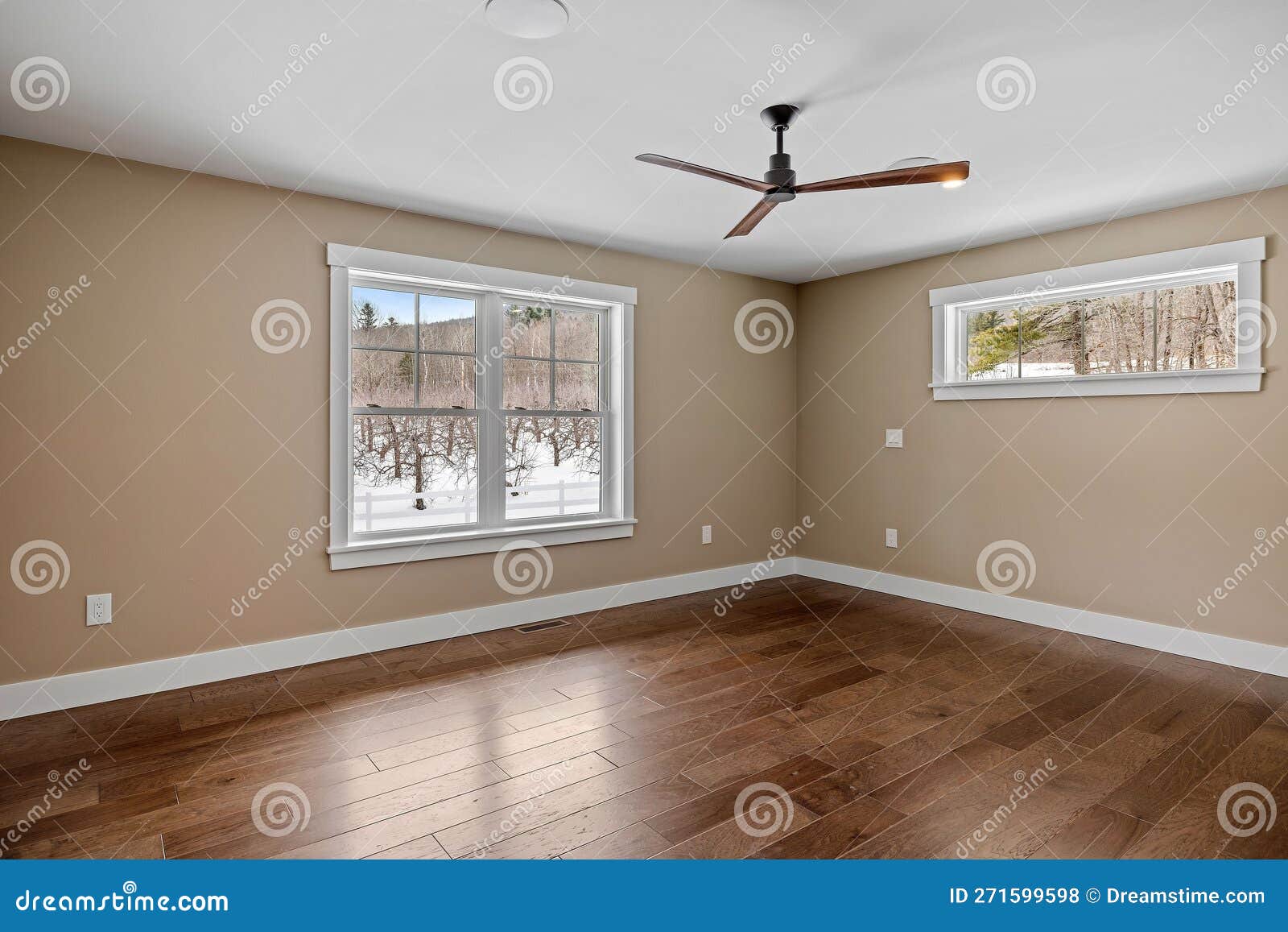 Large Empty Room with a Ceiling Fan and Wood Floors Stock Photo - Image ...
