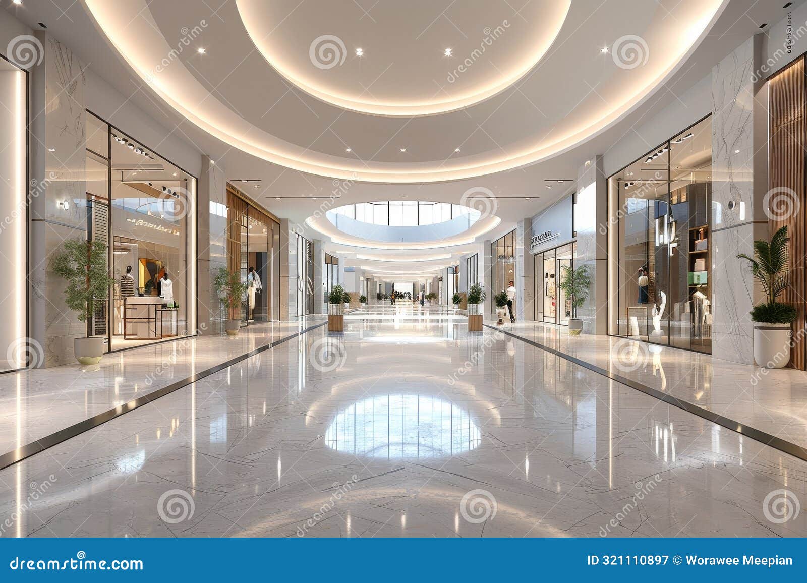 A Large, Empty Shopping Mall with a White Ceiling and White Walls with ...