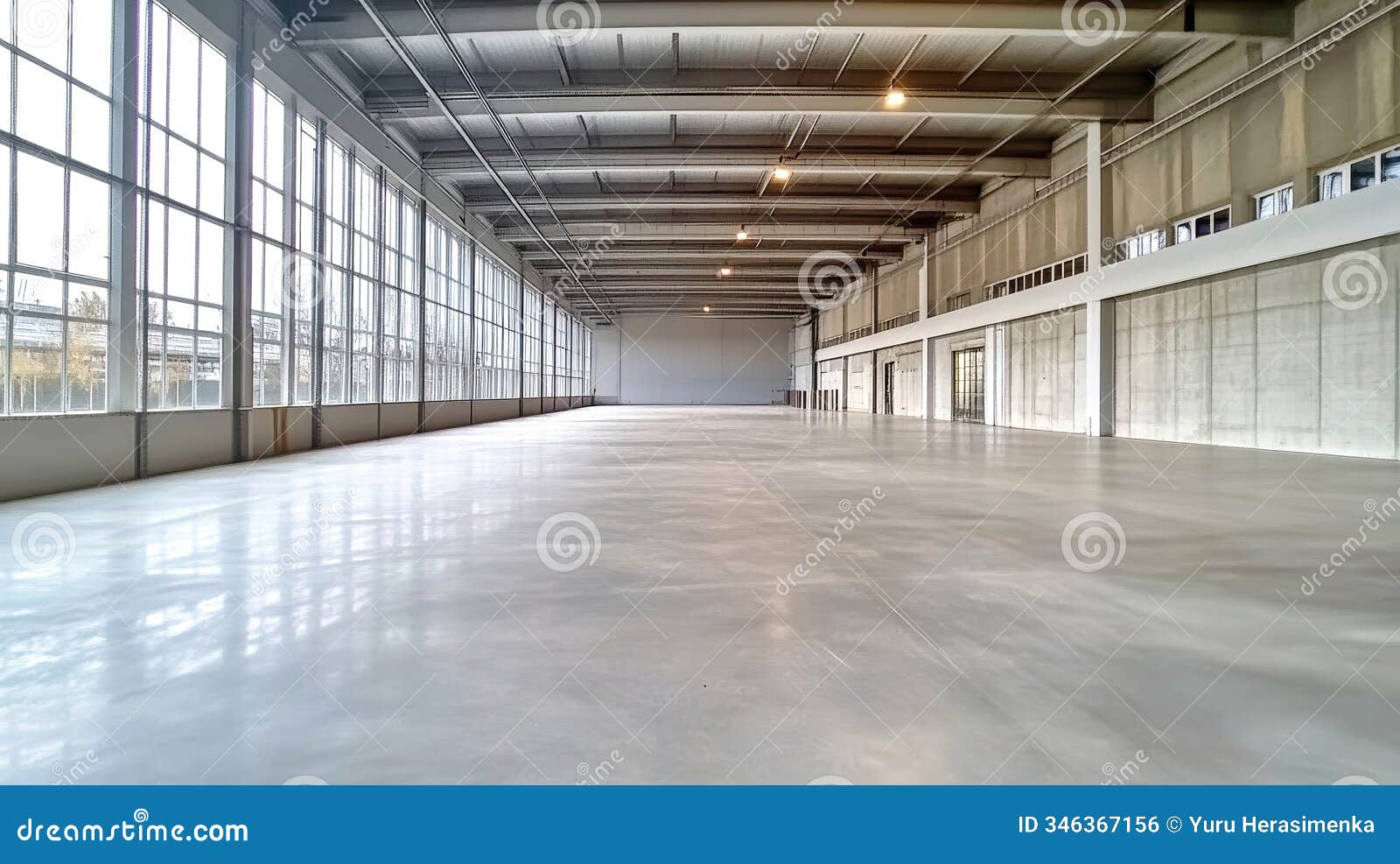 Spacious Modern Warehouse Interior with High Ceilings and Panoramic ...