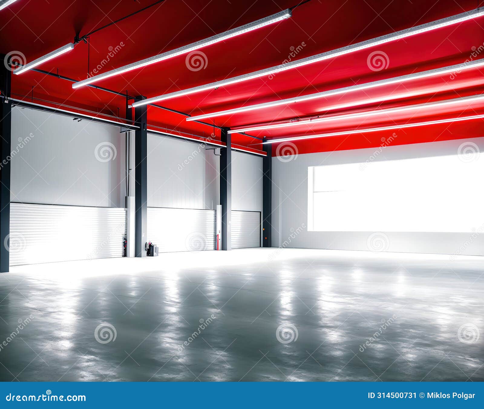 A Large, Empty Warehouse with High Ceilings and Red Accents. Stock ...