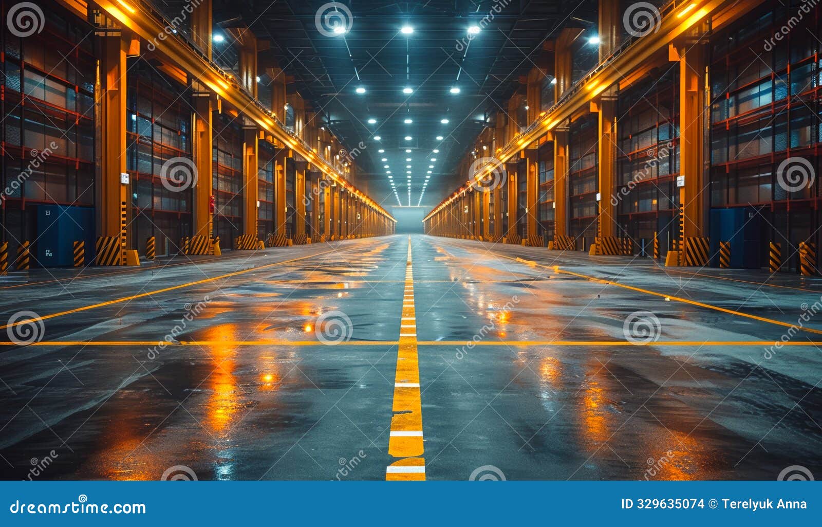 A Large Empty Warehouse with Yellow Lights and a Wet Floor. Scene is ...