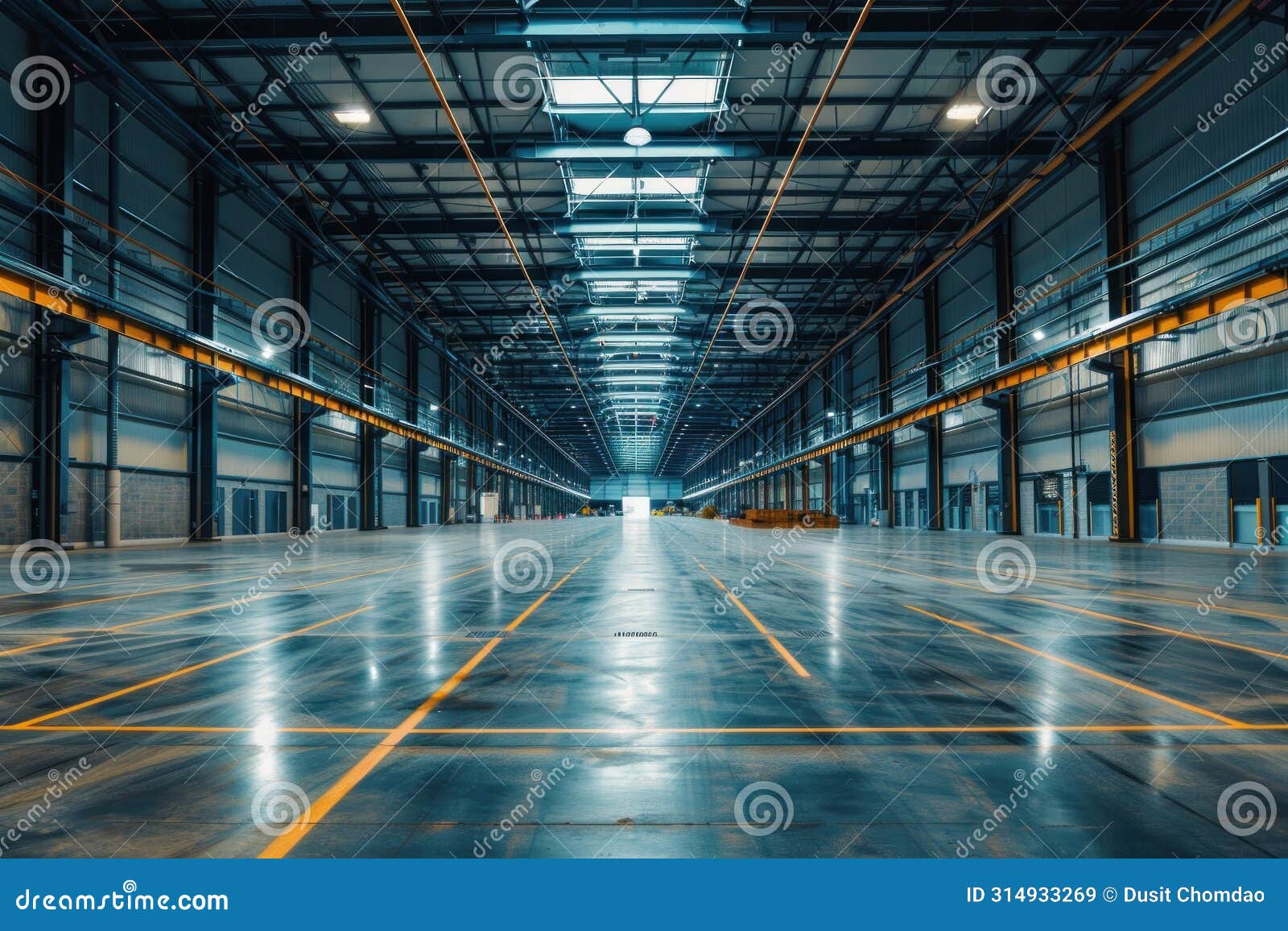 A Large, Empty Warehouse with a Yellow Line on the Floor Stock Image ...