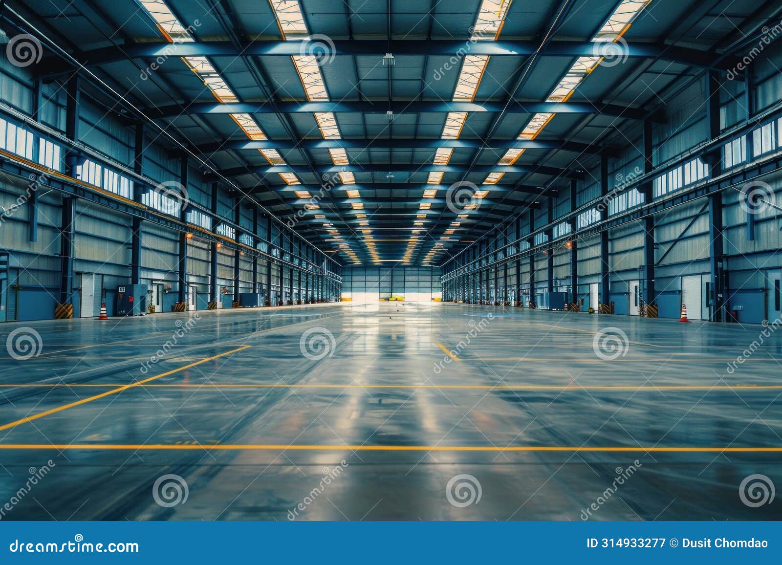A Large, Empty Warehouse with a Yellow Line on the Floor Stock Image ...