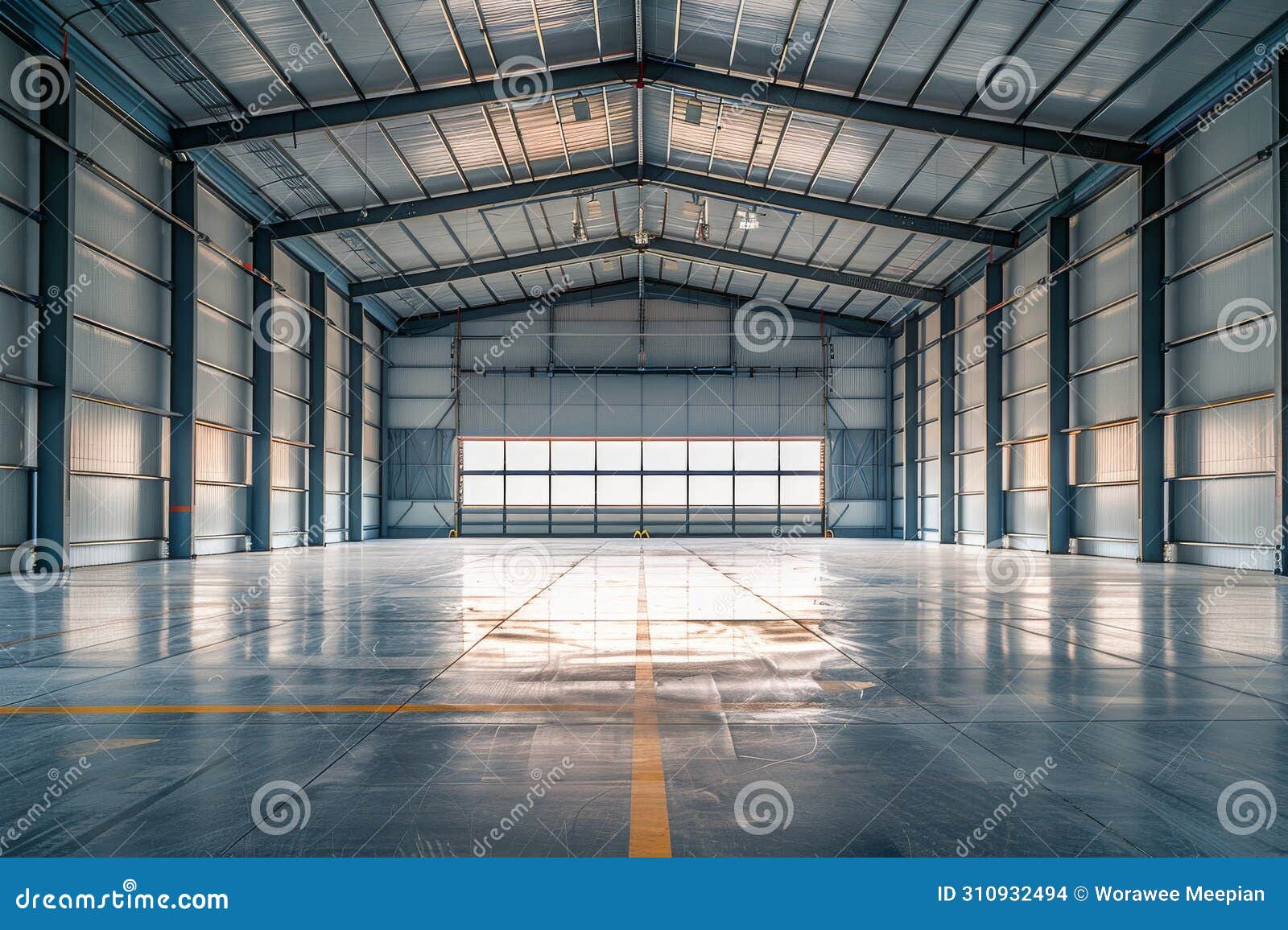 A Large, Empty Warehouse with a Yellow Line on the Floor Stock Photo ...