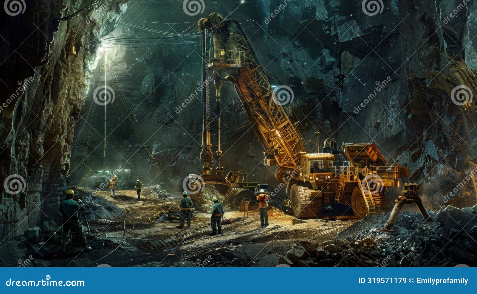 Large Excavator Operating in Underground Mine with Workers Observing in ...
