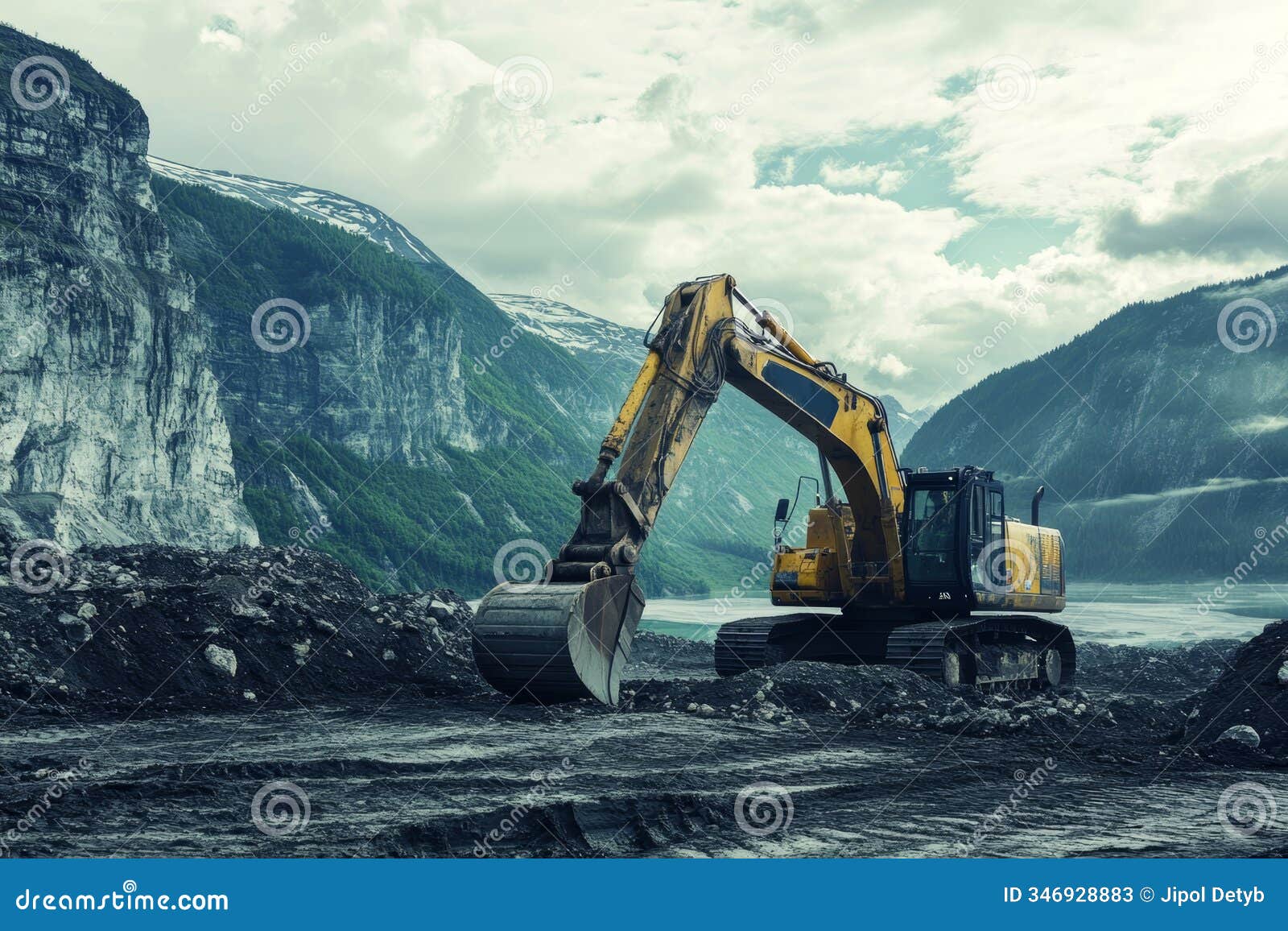 Large Excavator Situated on a Rugged Terrain. Stock Image - Image of ...