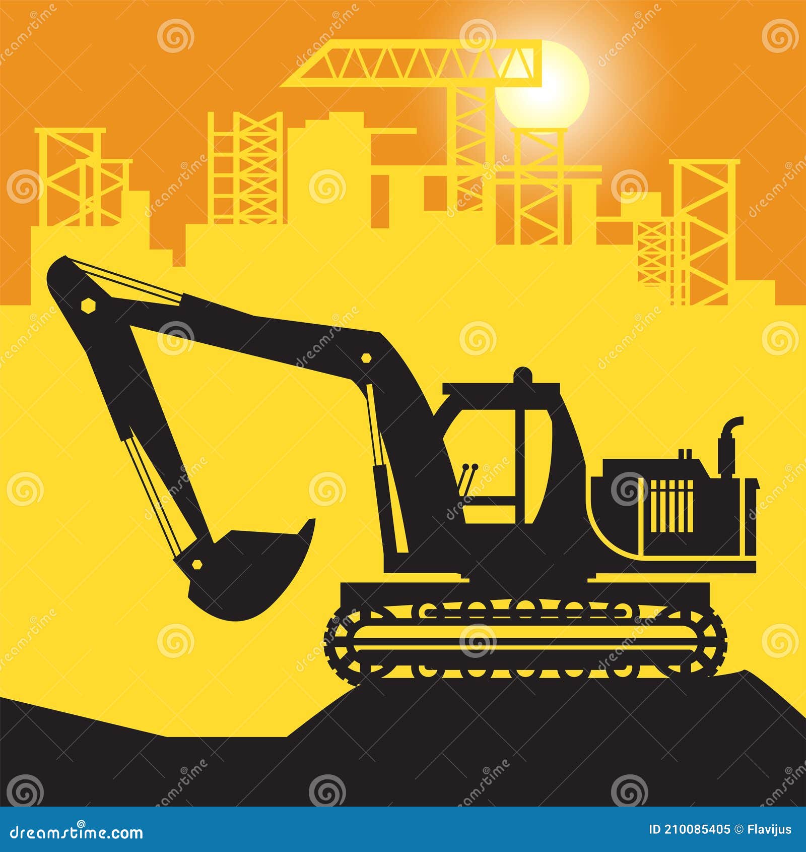 Large Excavator Work on Construction Site Stock Vector - Illustration ...