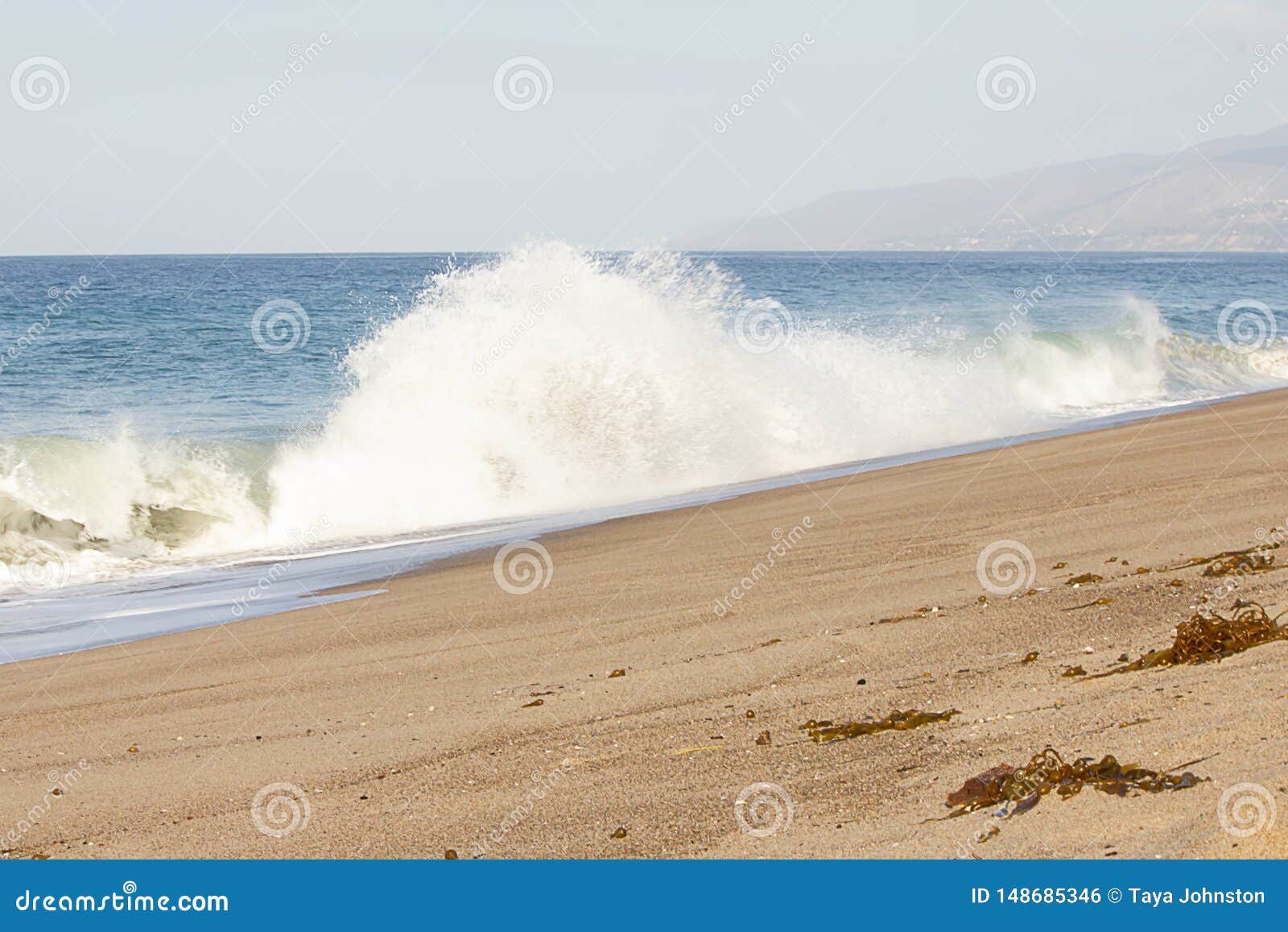 Large Exploding Splashing Spray from Wave on Sandy Beach, with Open ...