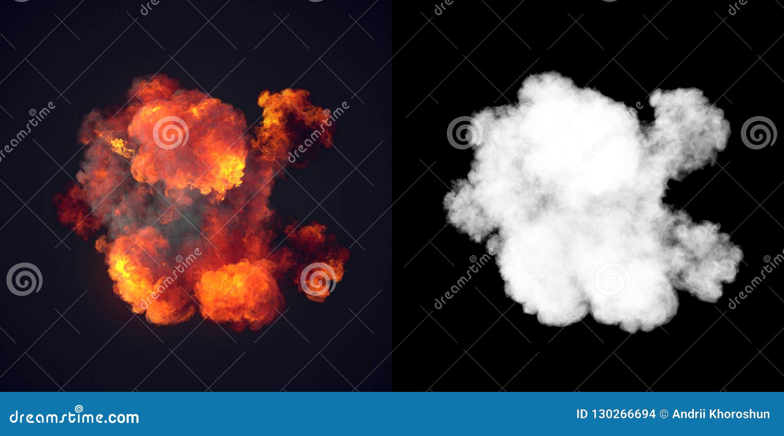 Large Explosion with Black Smoke in Dark Plus Alpha Channel. Top View ...