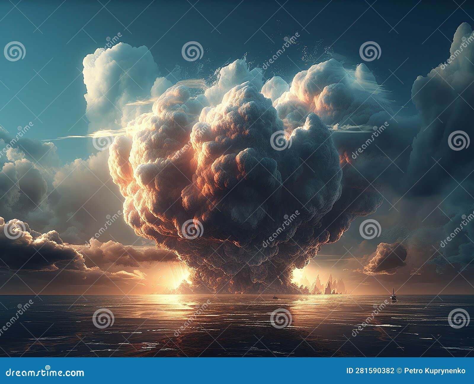 A Large Explosive Cloud in the Sky Over the Ocean before a Storm. AI ...