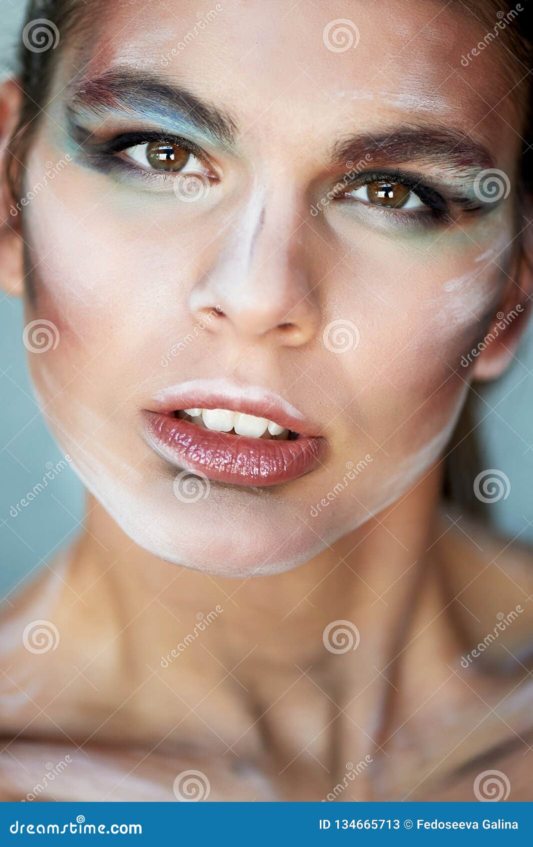 Large-face Portrait.Interesting Makeup with Paint Strokes. Look ...