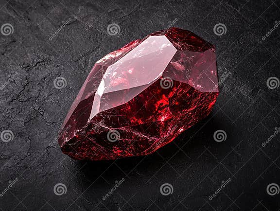 A Large, Faceted Ruby Gemstone on a Dark Stone Surface. Stock ...