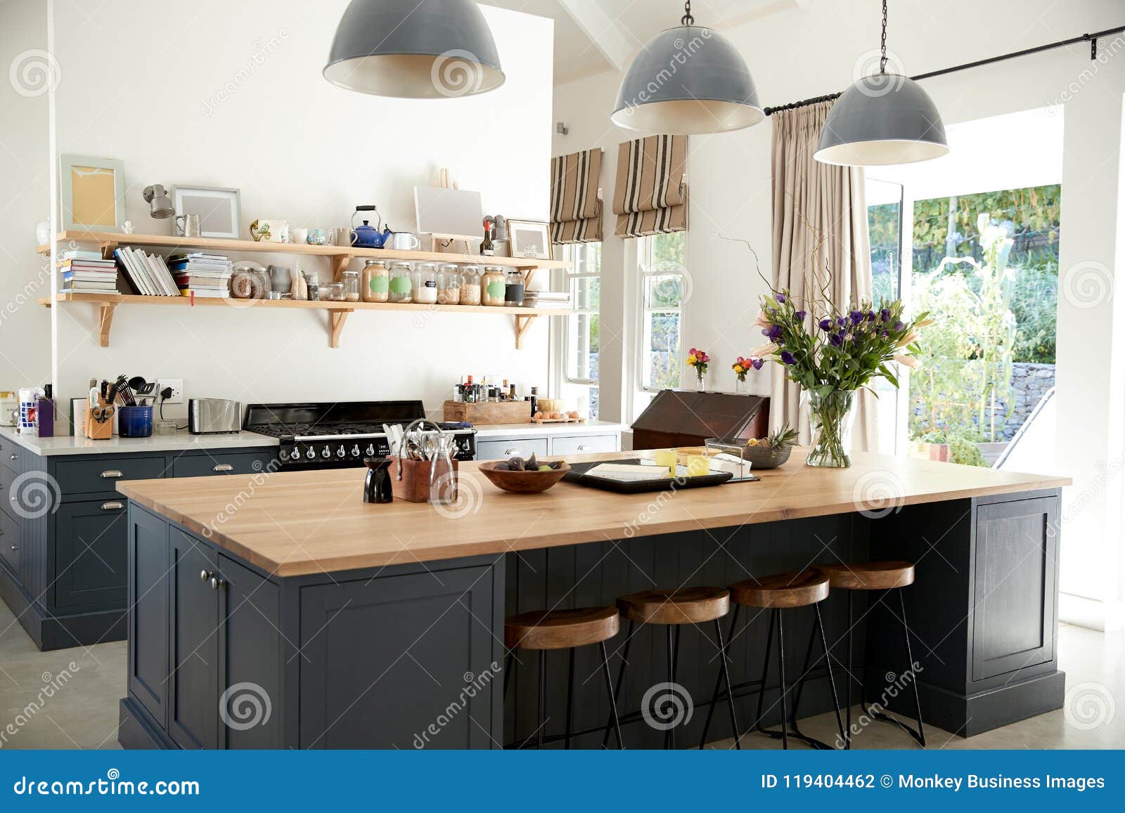 Large Family Kitchen in Period Conversion House, Angled View Stock ...