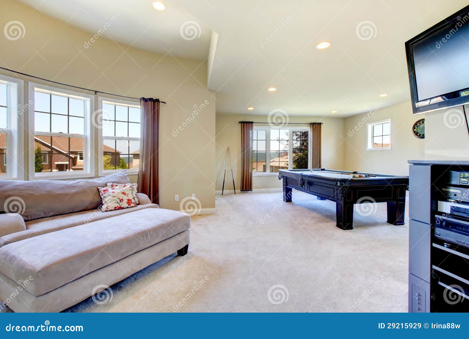 Large Family Room with Pool Table and Tv. Stock Image - Image of table ...