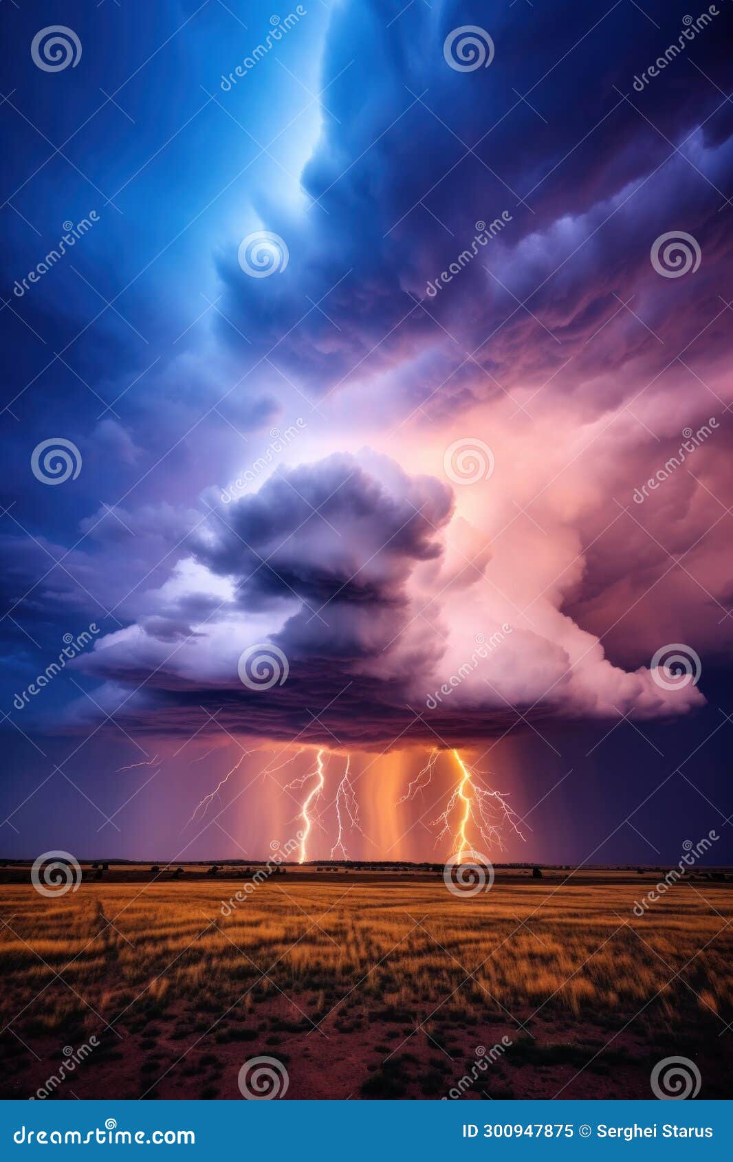 A Large Field with a Lightning Storm in the Distance, AI Stock Image ...