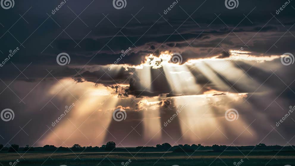 A Large Field with Sunbeams Shining through the Clouds, AI Stock Photo ...