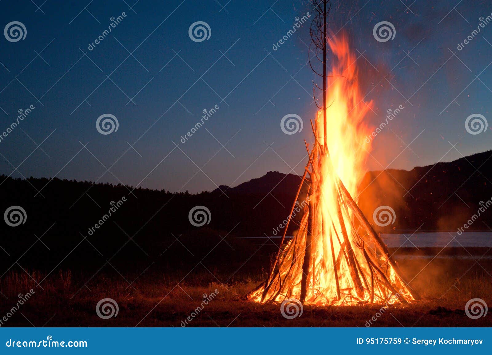 A Large Fire, Against the Background of the Mountains. Stock Image ...