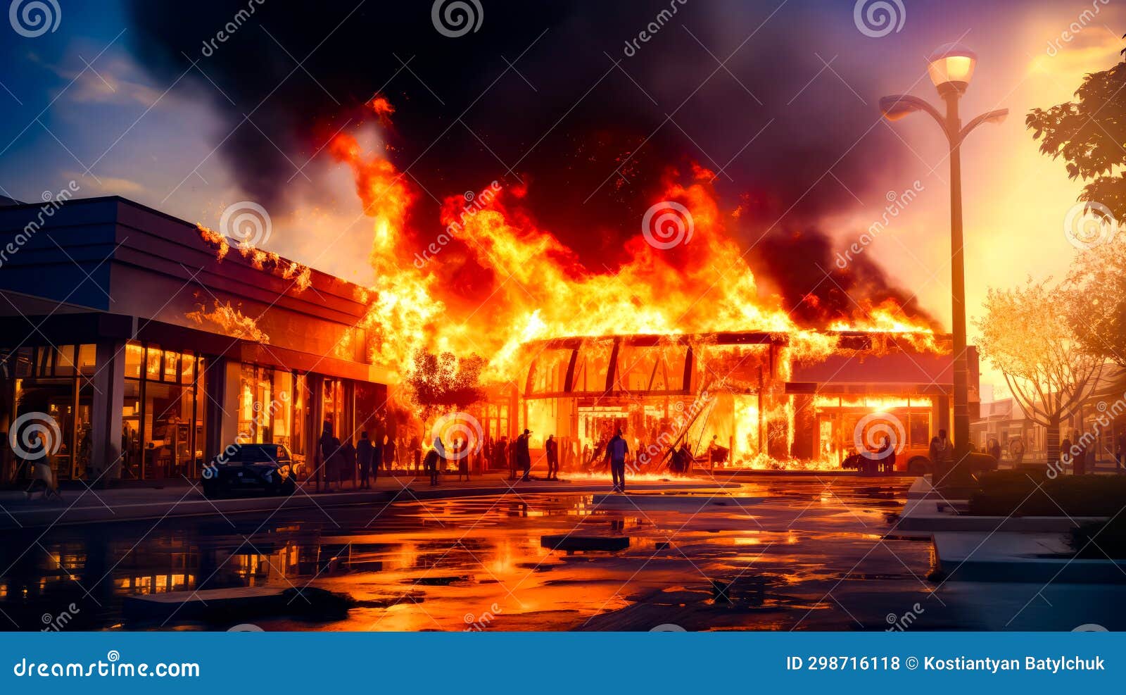 Large Fire Burning in Building Next To Bunch of People Standing in ...