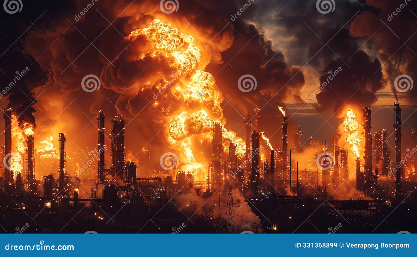 A Large Fire Engulfs an Industrial Complex, Billowing Smoke and Flames ...