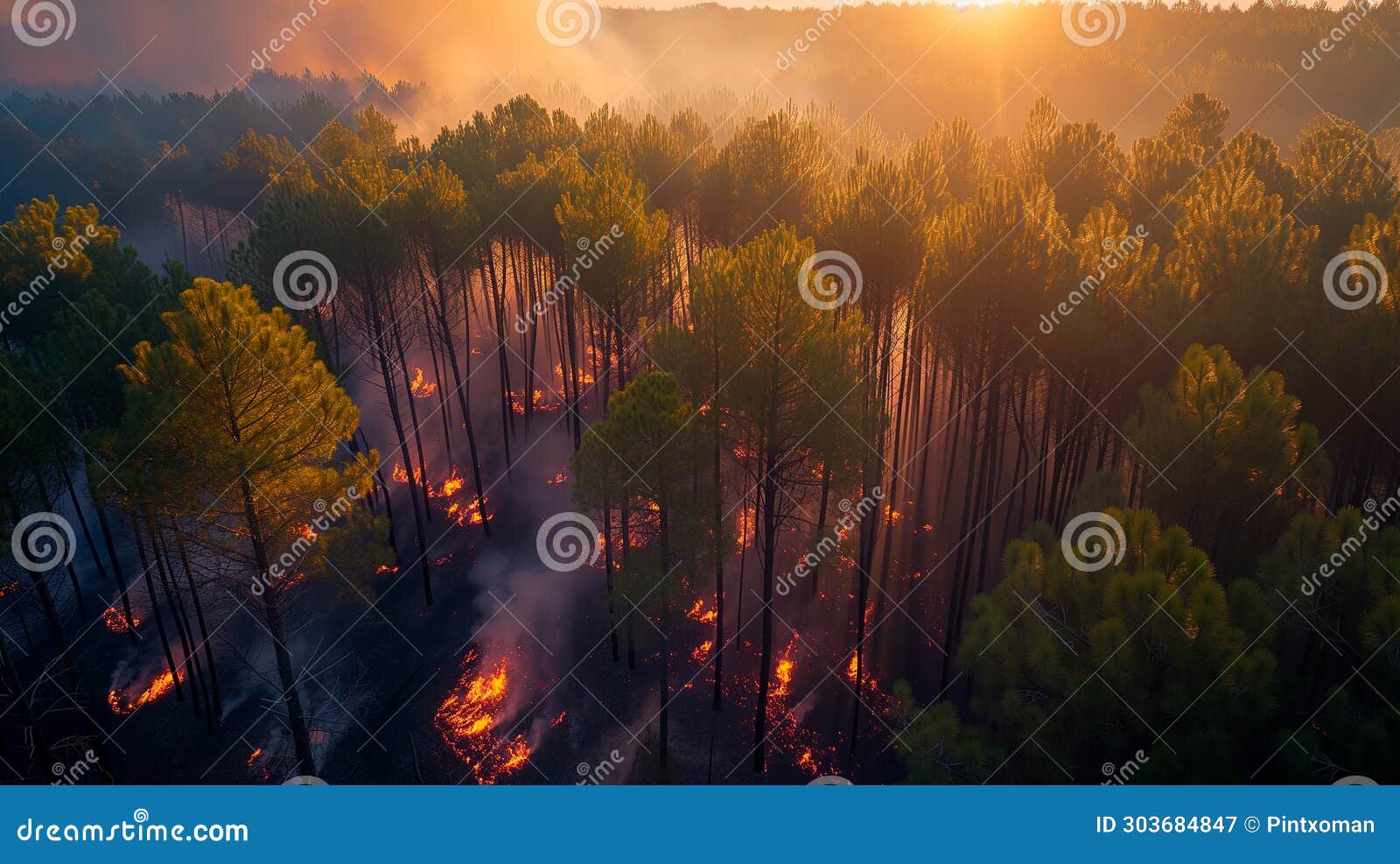 Large Fire in Tall Pine Forest with the Sun between the Trees. Natural ...