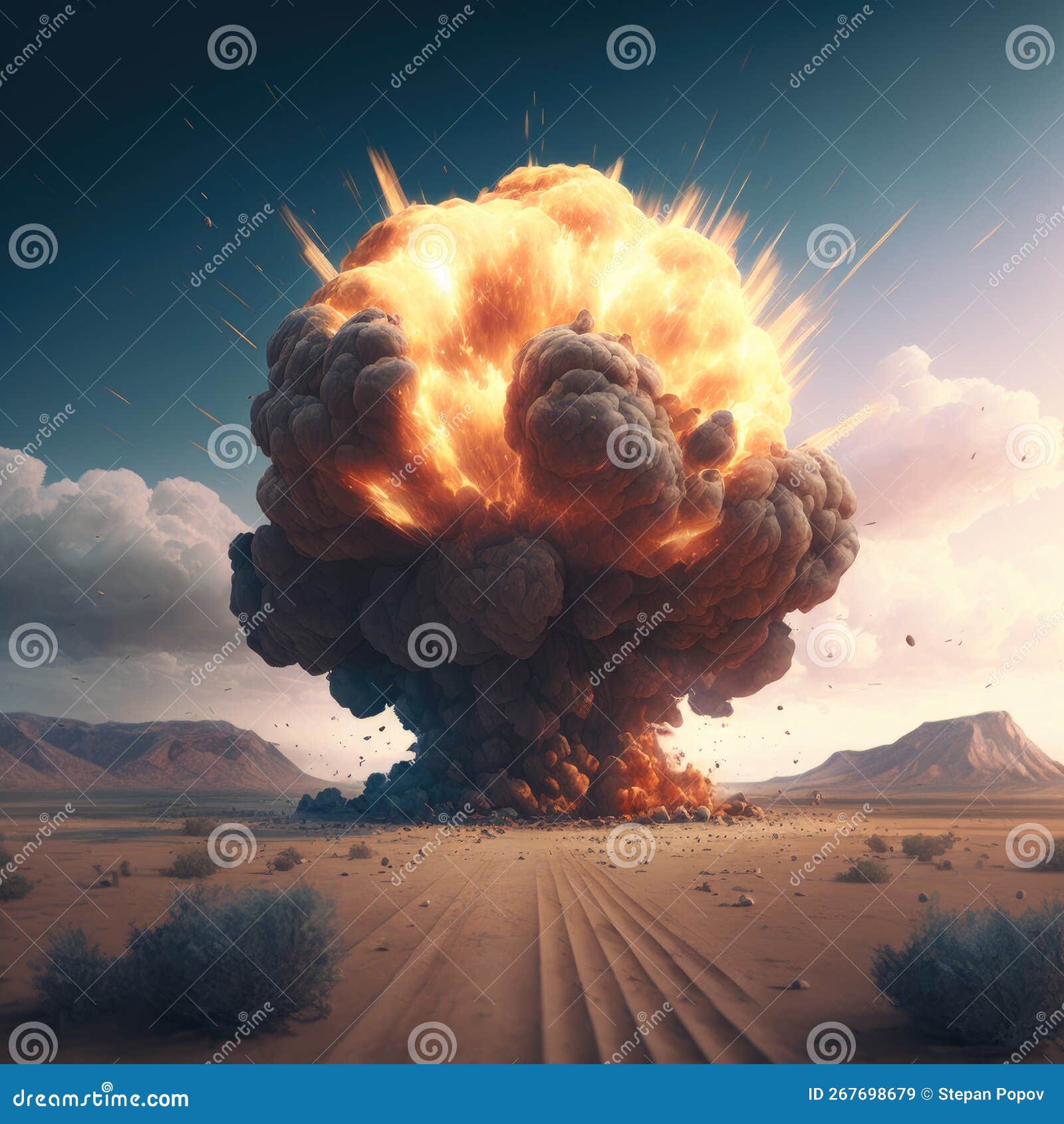 A Large Fireball from an Explosion in an Empty Desert. Created with ...