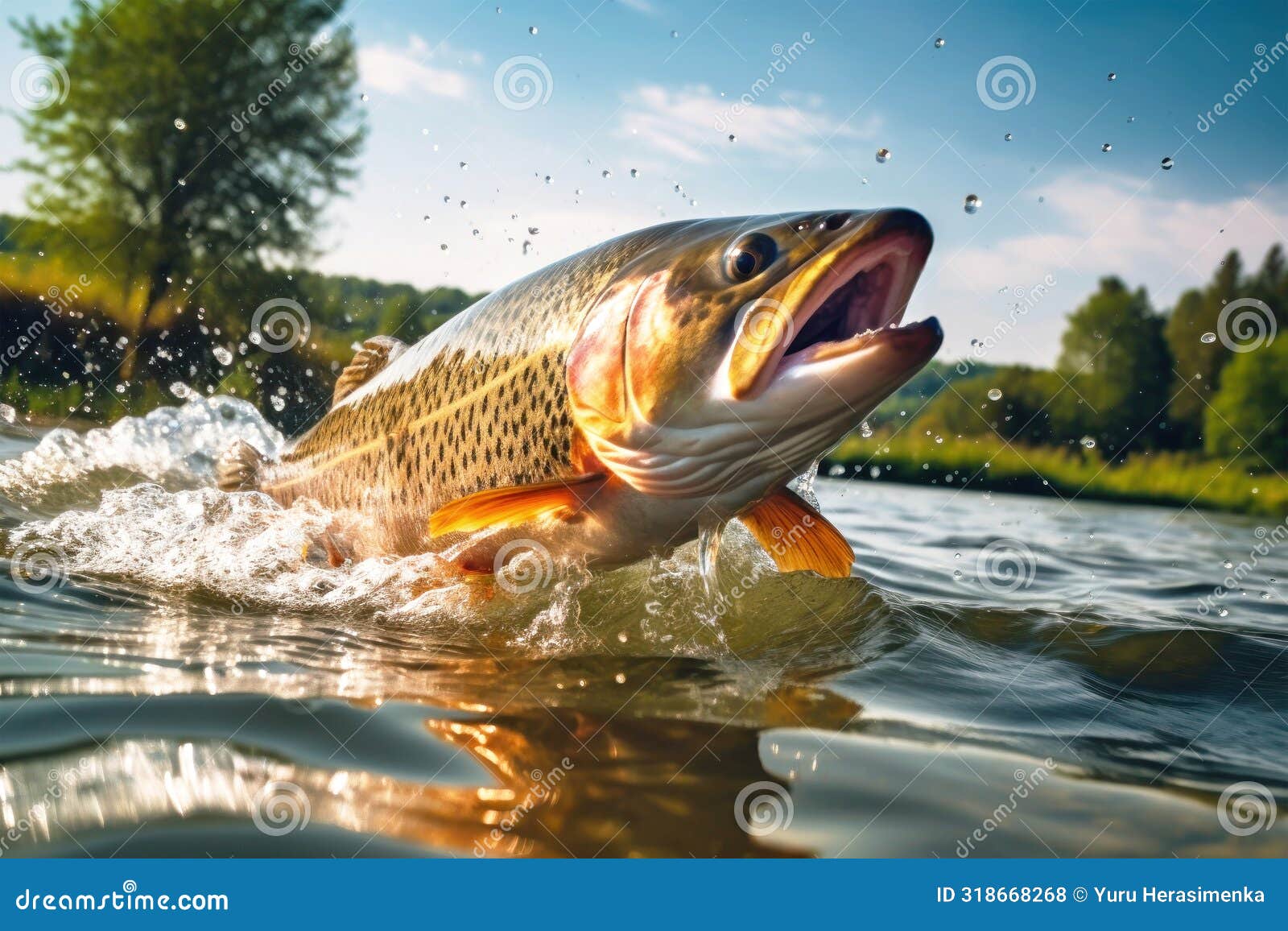 A Large Fish Defies Gravity As it Leaps Out of the Water in a Display ...