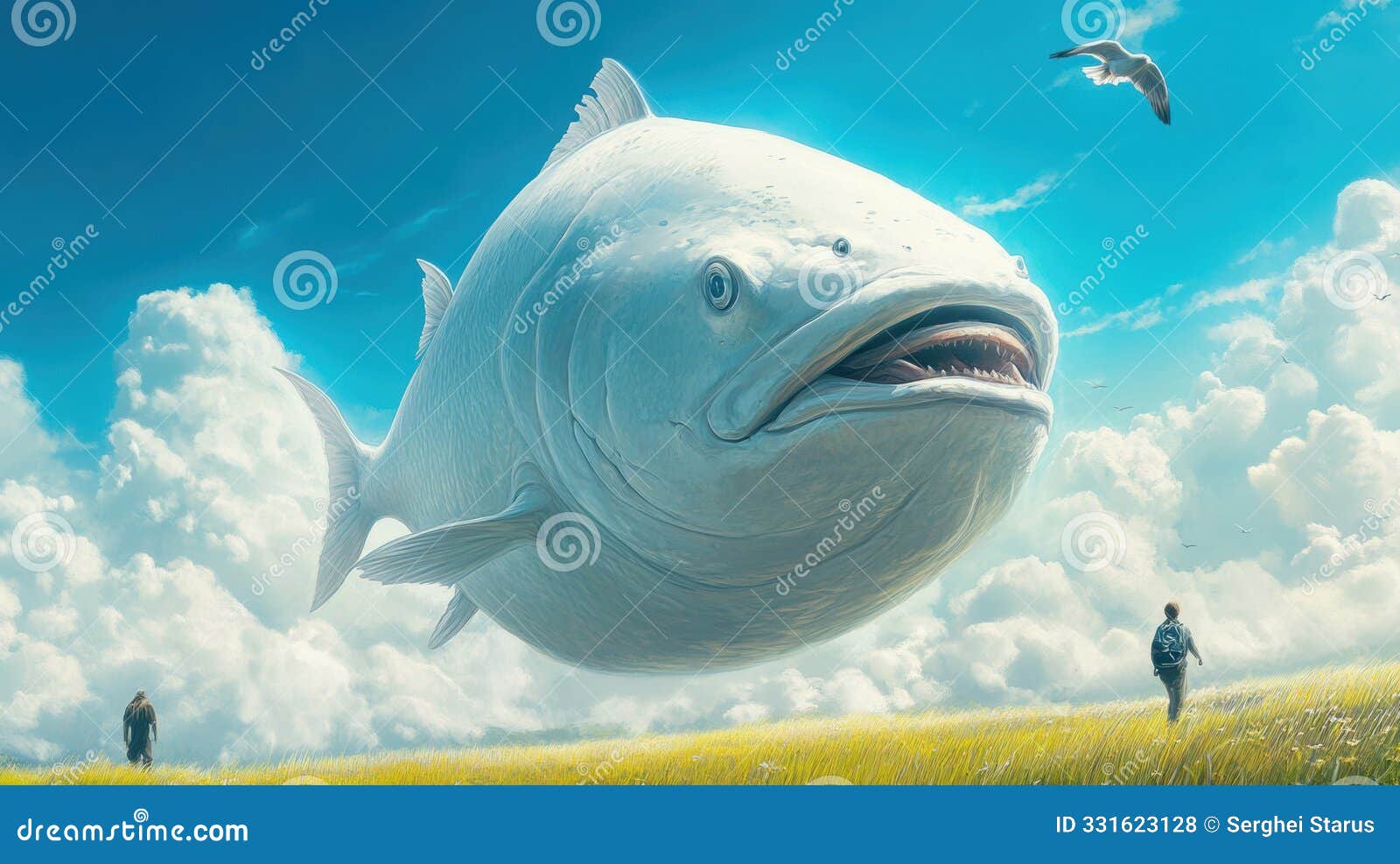 A Large Fish with a Human Face is Swimming in the Sky, AI Stock ...